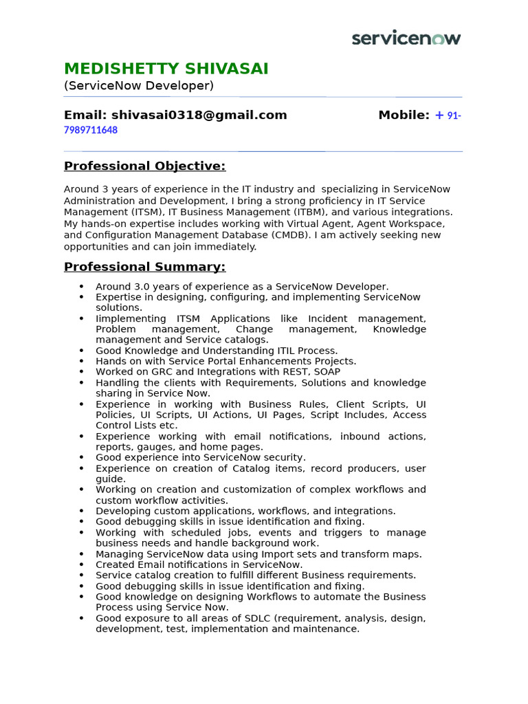 Shivasai .Servicenow Resume | PDF | It Service Management | Computing