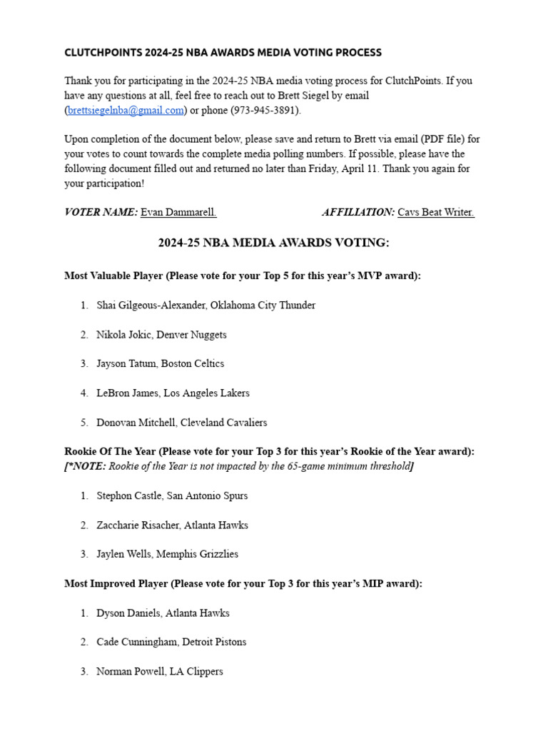 2024-25 NBA Media Awards Voting | PDF | National Basketball Association | Basketball Teams