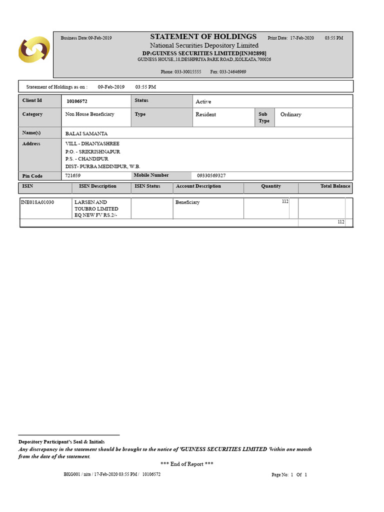 Statement of Holdings: National Securities Depository Limited | PDF