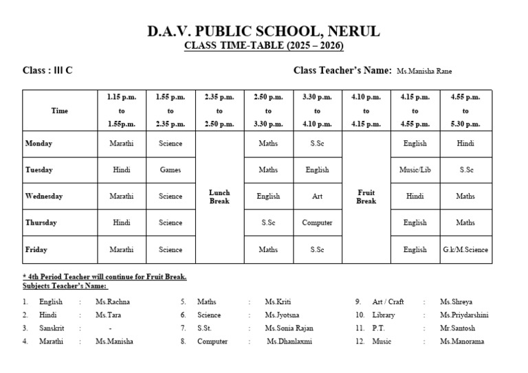 Class III C Timetable 2025-2026 | PDF