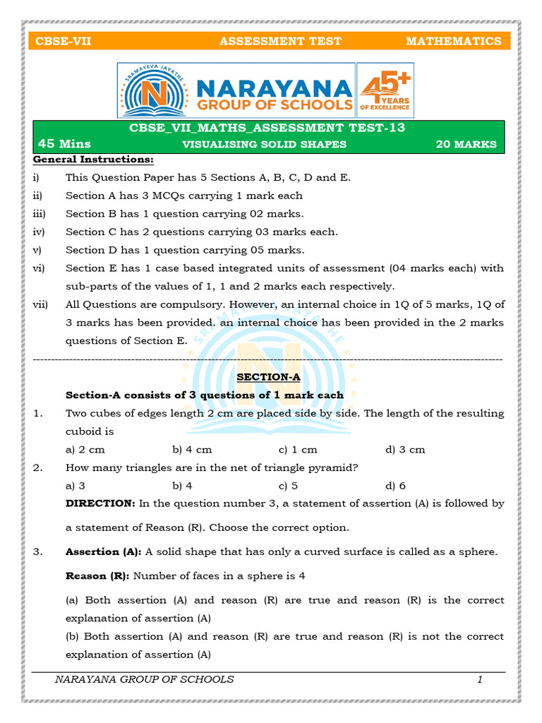 06 Cbse Vii Maths-Assessment Test - 13 Visualising Solid Shapes QP ...