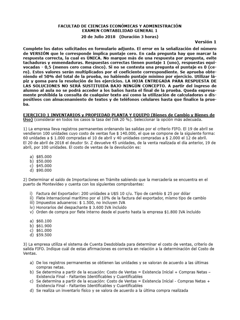 Examen CG1 20.07.18 Versión 1 | PDF | Bancos | Contabilidad
