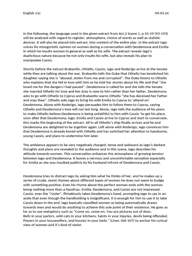 Language Analysis Othello Act.2 Scene1 | PDF | Othello | Iago