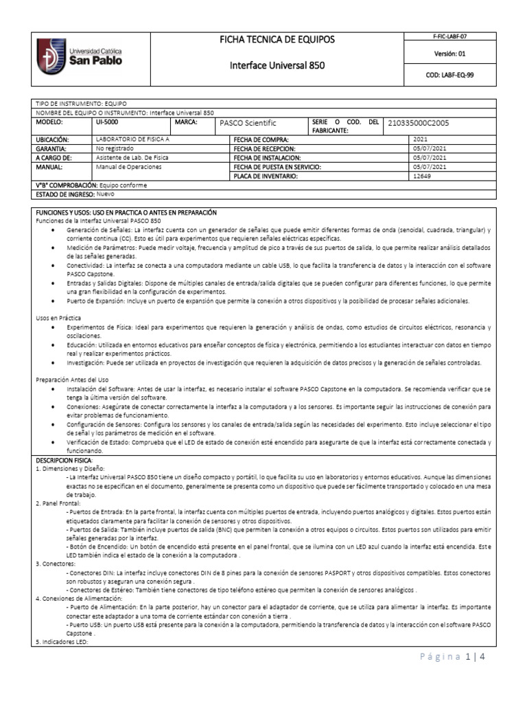 Interfaz Universal PASCO 850: Especificaciones y Usos | PDF | Conector ...