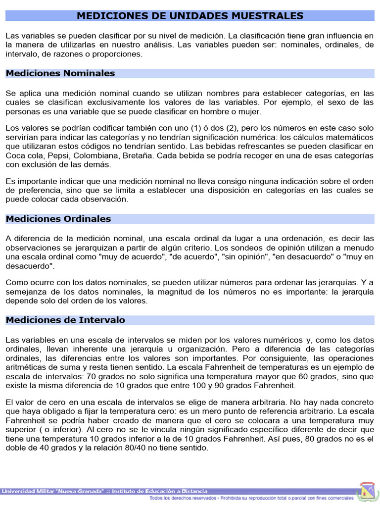 Mediciones de Unidades Muestrales | PDF | Nivel de medida | Medición