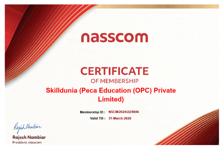 Nasscom Membership Certificate Skilldunia | PDF