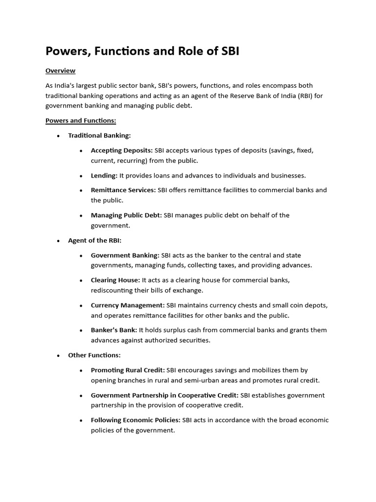 Powers and Functions of SBI | PDF | Banks | Reserve Bank Of India