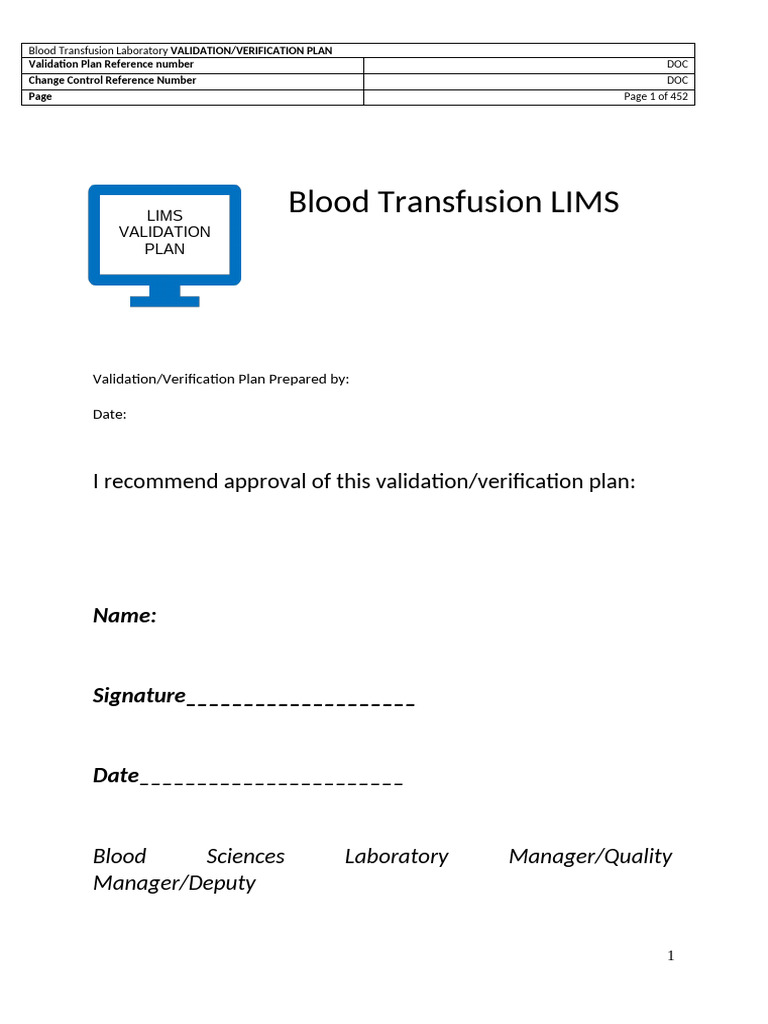LIMS-Validation-Plan - Full 400 PG Doc - Blood Transfusion - Different ...