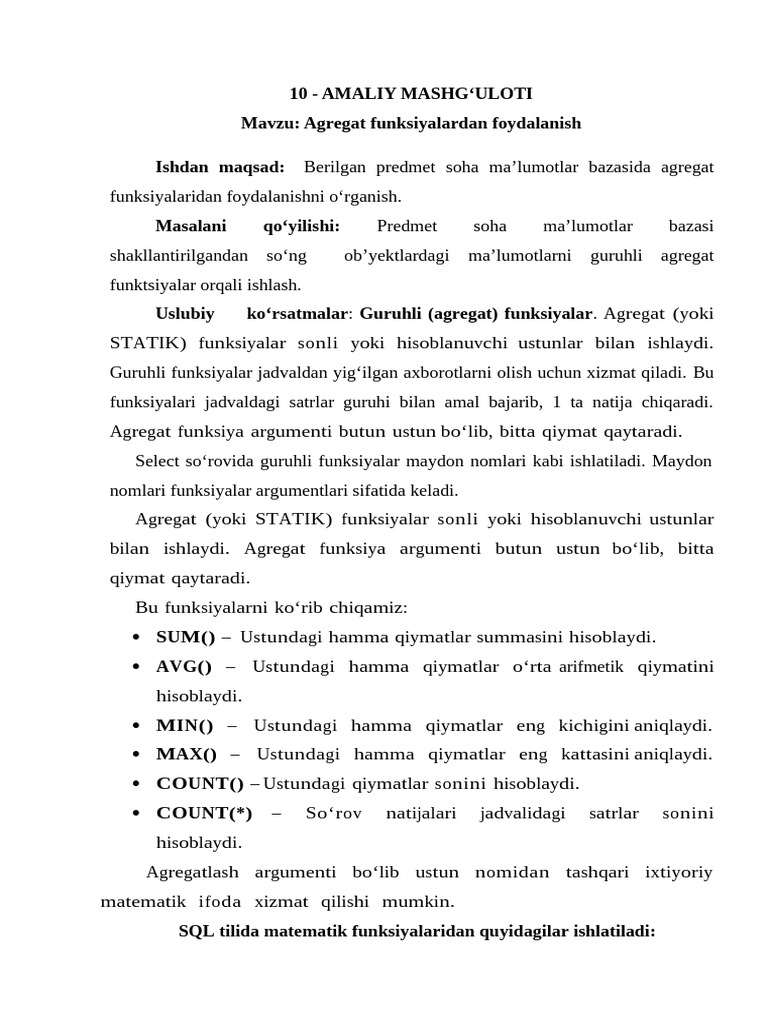 AMALIY MASHG'ULOT 10 | PDF