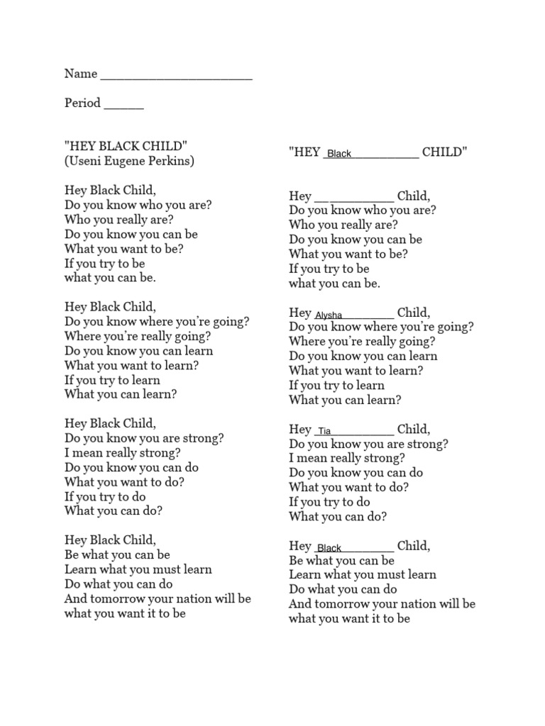 Hey Black Child Poem and Activities | PDF