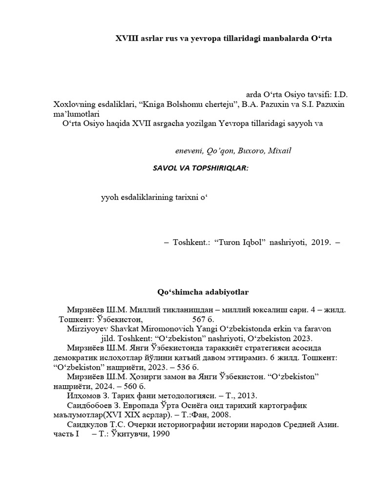 11-Mavzu: XVI-XVIII Asrlar Rus Va Yevropa Tillaridagi Manbalarda O Rta Osiyo Tavsifi. Reja: 1. 2 ...