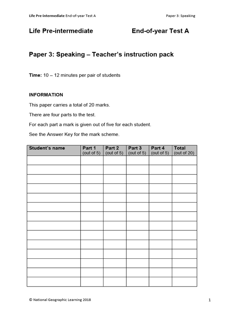 Pre-Intermediate End of Year Test A Paper 3 Teacher | PDF