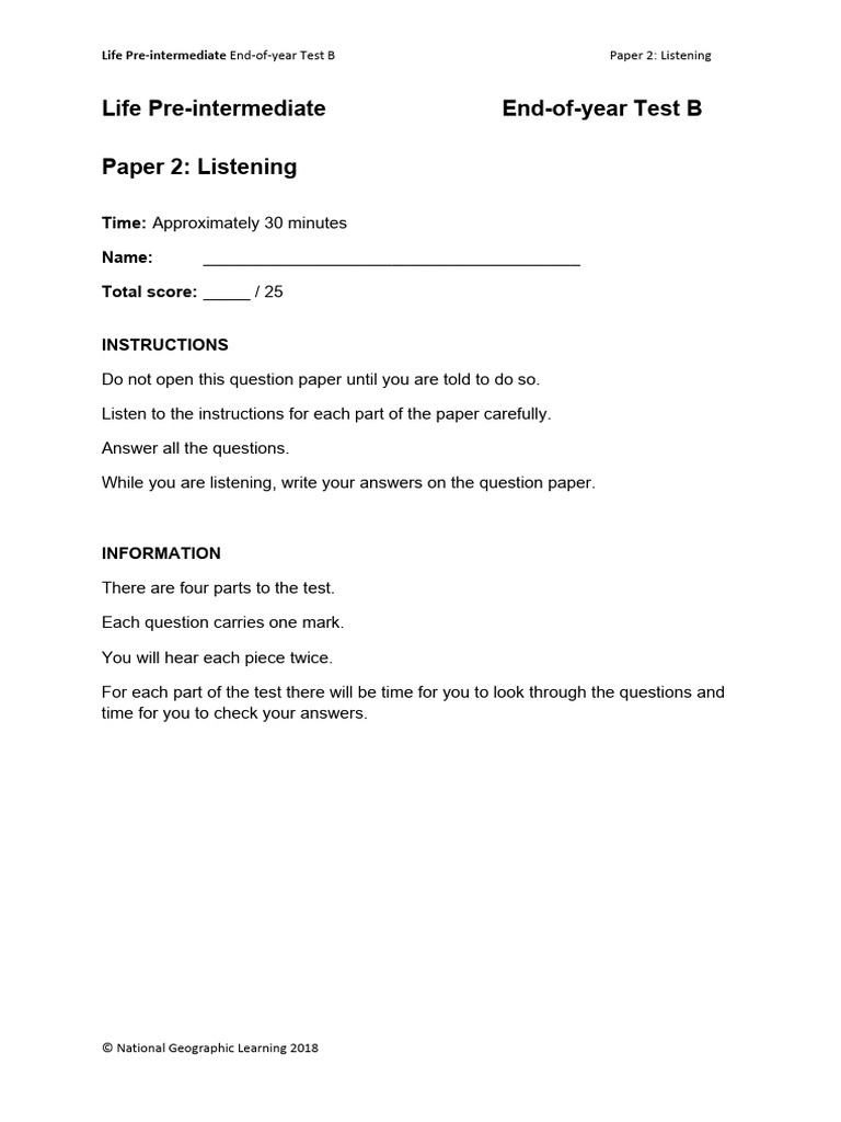 Pre-intermediate_end_of_year_Test_B_Paper_2 | PDF