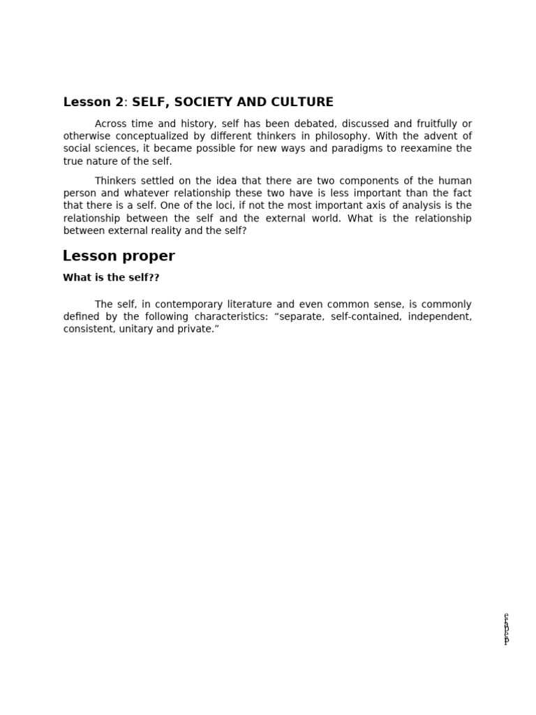 Lesson 2 The Self Society and Culture | PDF | Self | Identity (Social ...
