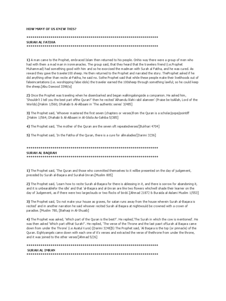 Virtues of Different Surahs in Quran | PDF | Muhammad | Hadith
