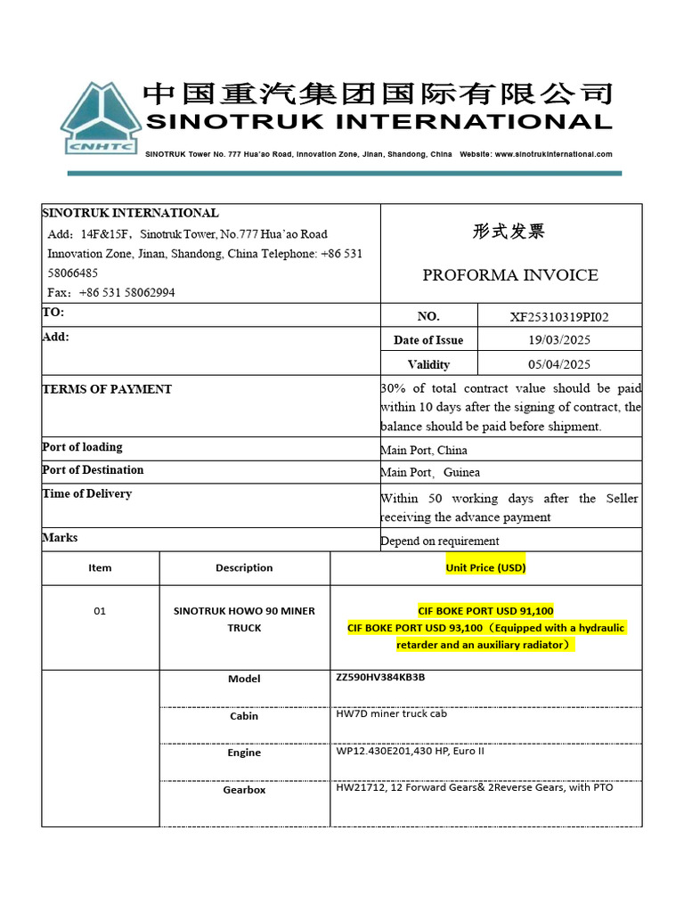 Proforma Invoice-Sinotruk 3.19 | PDF | Truck | Axle
