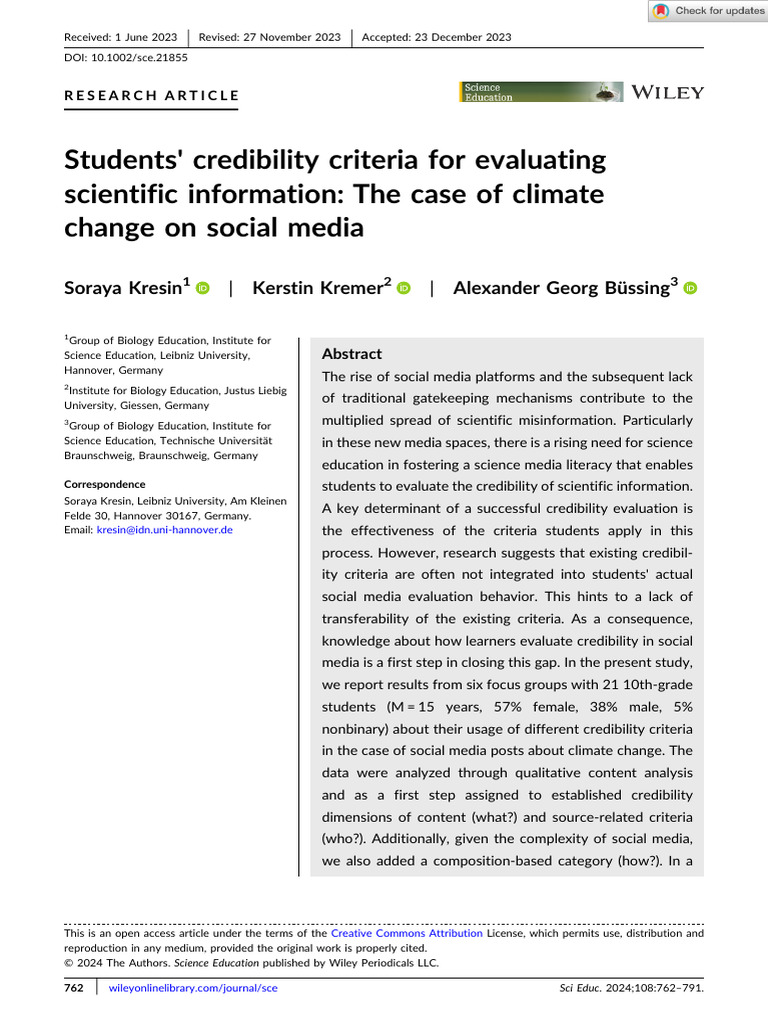 Science Education - 2024 - Kresin - Students Credibility Criteria For ...