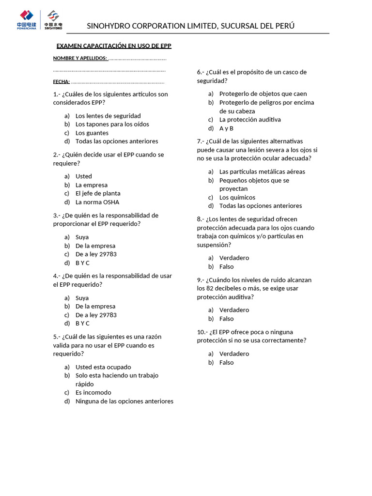 Examen Capacitación en Uso de Epp | PDF