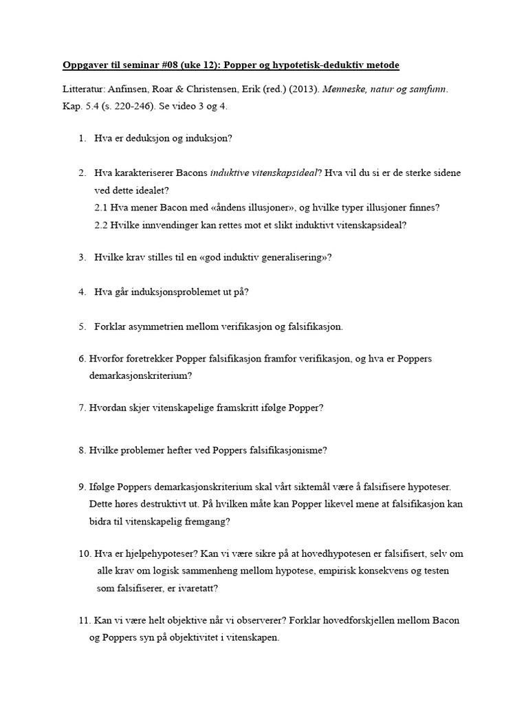 Oppgaver Til Seminar 08 (Uke 12) Popper Og Hypotetisk-Deduktiv Metode | PDF