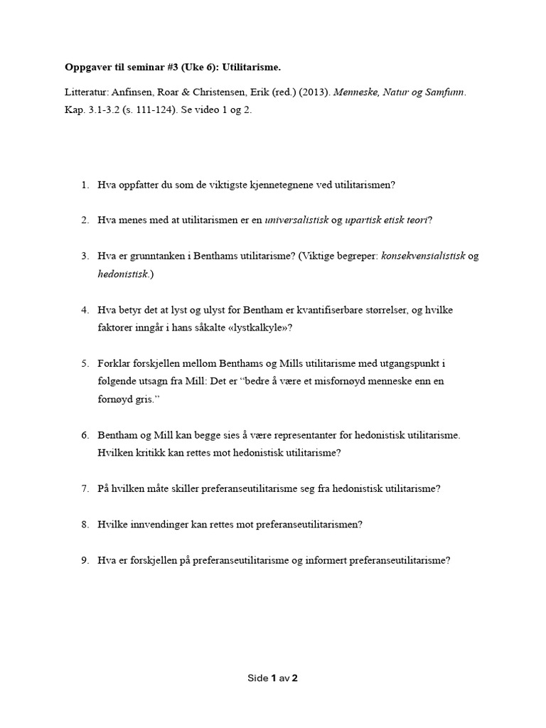 Oppgaver til seminar 03 (Uke 6) Utilitarisme | PDF