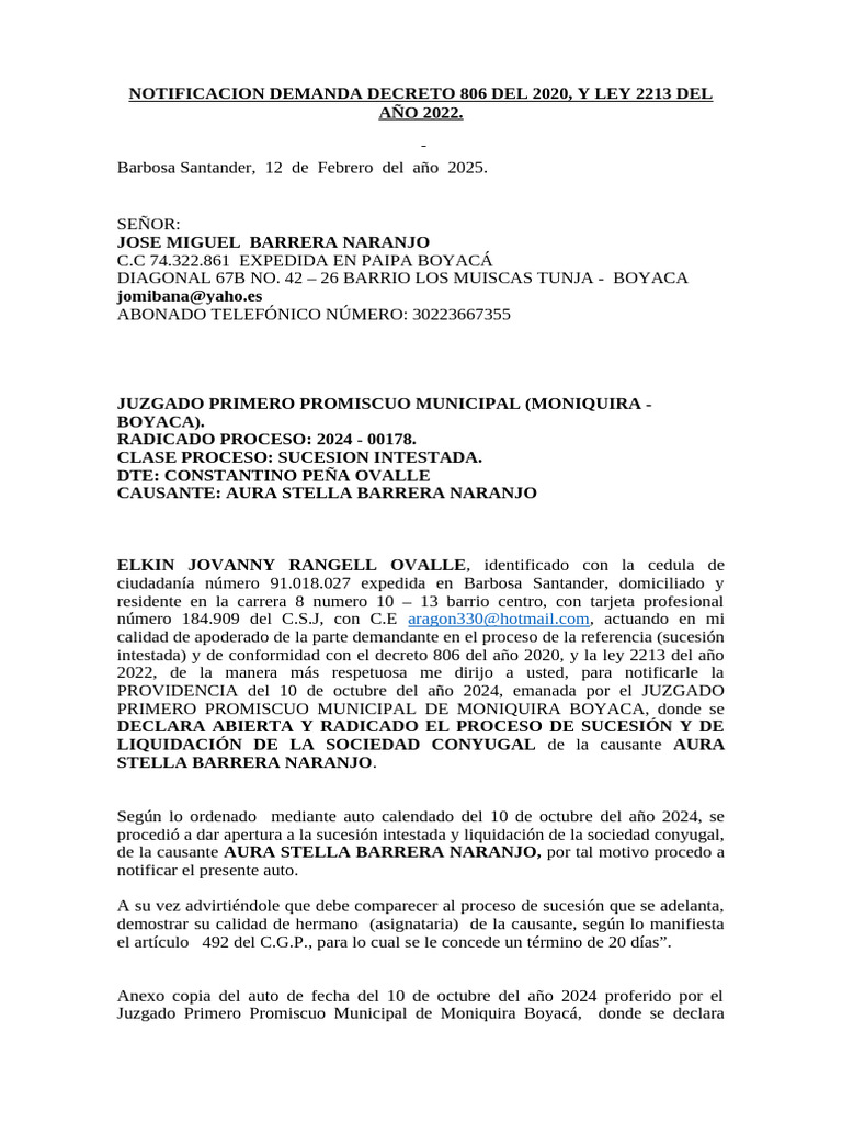 Notificacion Demanda Decreto 806 Del 2020 | PDF