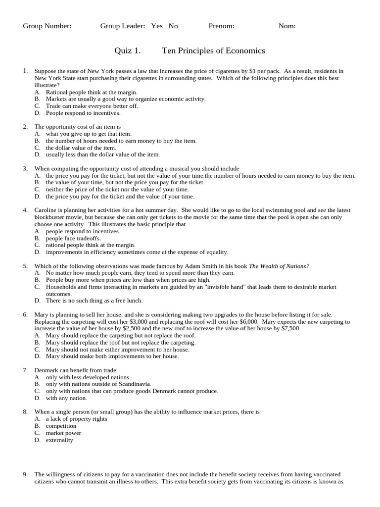 Ten Principles of Economics Quiz | PDF | Prices | Value (Economics)