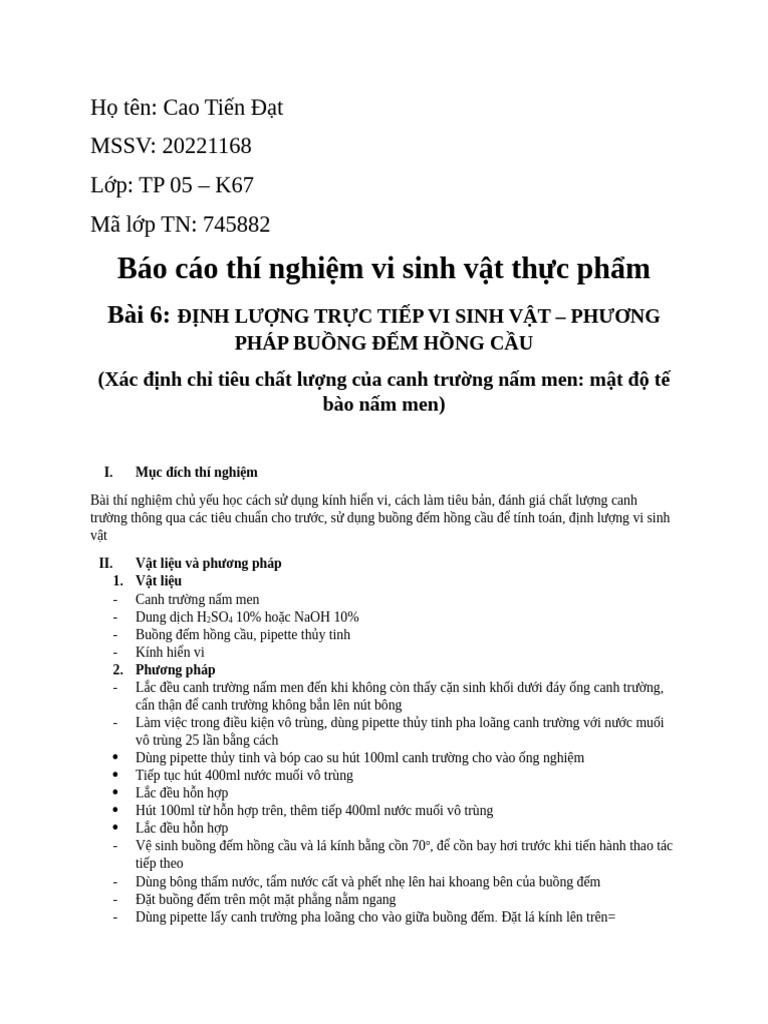 Báo Cáo TN VSV Bài 6 | PDF