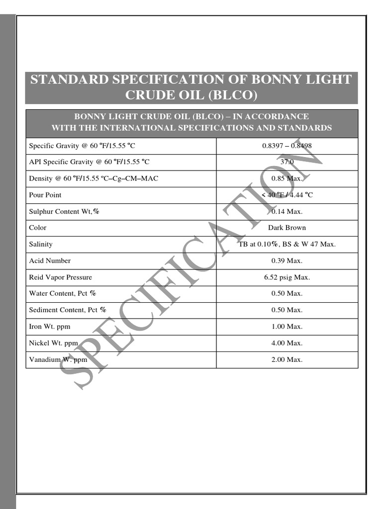 Standard Specification of Bonny Light Crude Oil | PDF