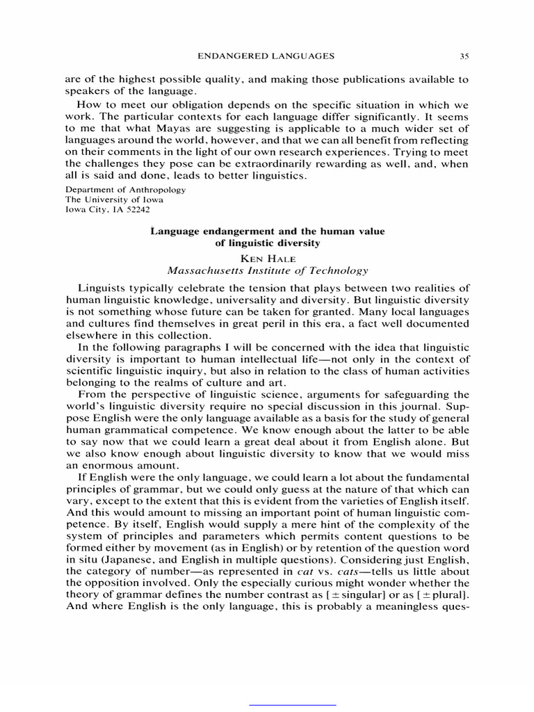 Hale - Language Endangerment and The Human Value | PDF | Grammatical ...