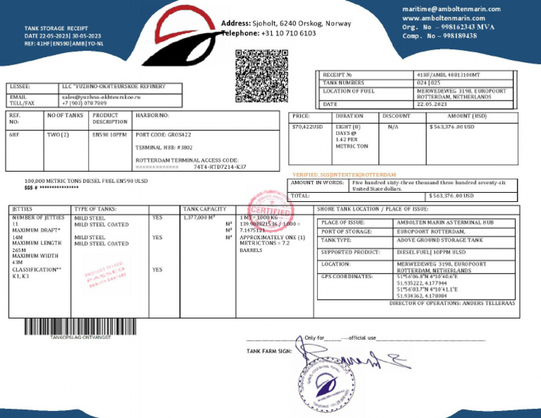 Tank Storage Receipt Diesel 10PPM Ulsd | PDF