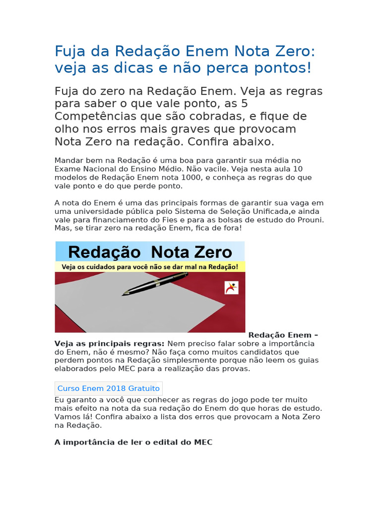 Dicas para Não Tirar Zero na Redação Enem | PDF