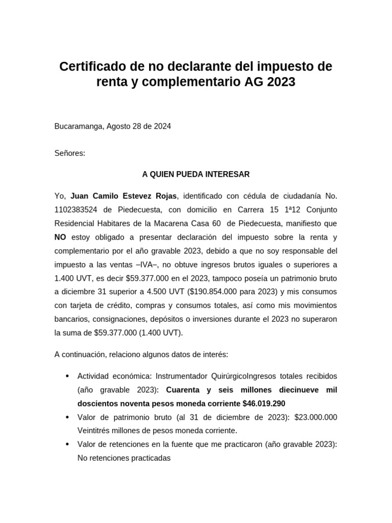 Certificado de No Declarante Del Impuesto de Renta y Complementario AG 2023 | PDF