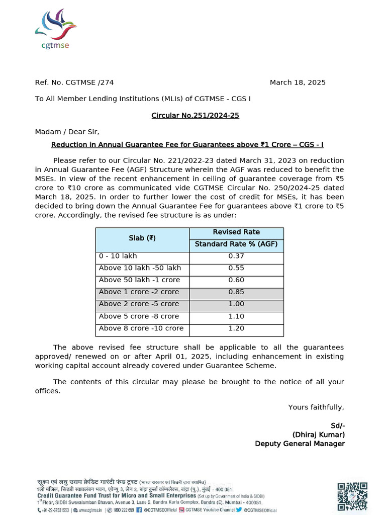 Revised CGTMSE Annual Guarantee Fees | PDF