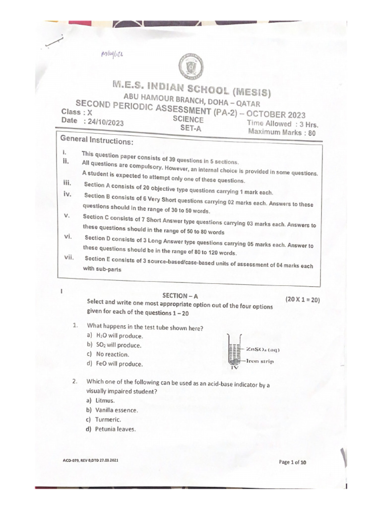 M.E.S. Indian School (Mesis) | PDF