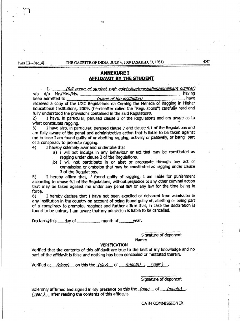 Anti-Ragging Affidavit by Student | PDF