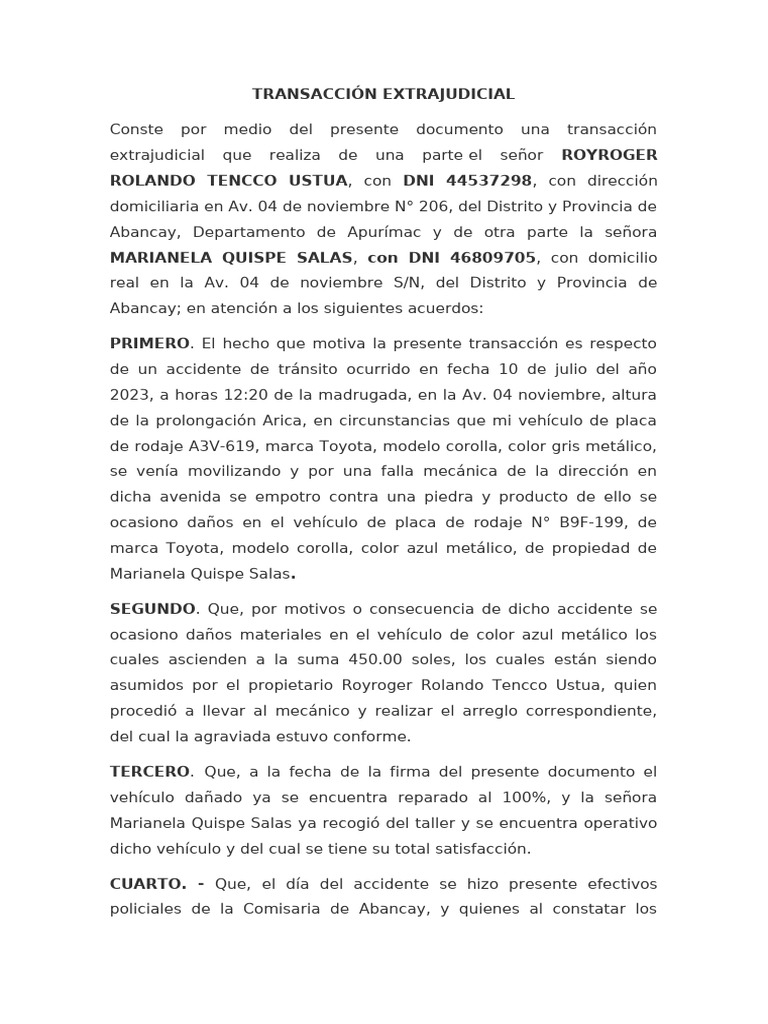 Transacción Extrajudicial Jorge Luis | PDF