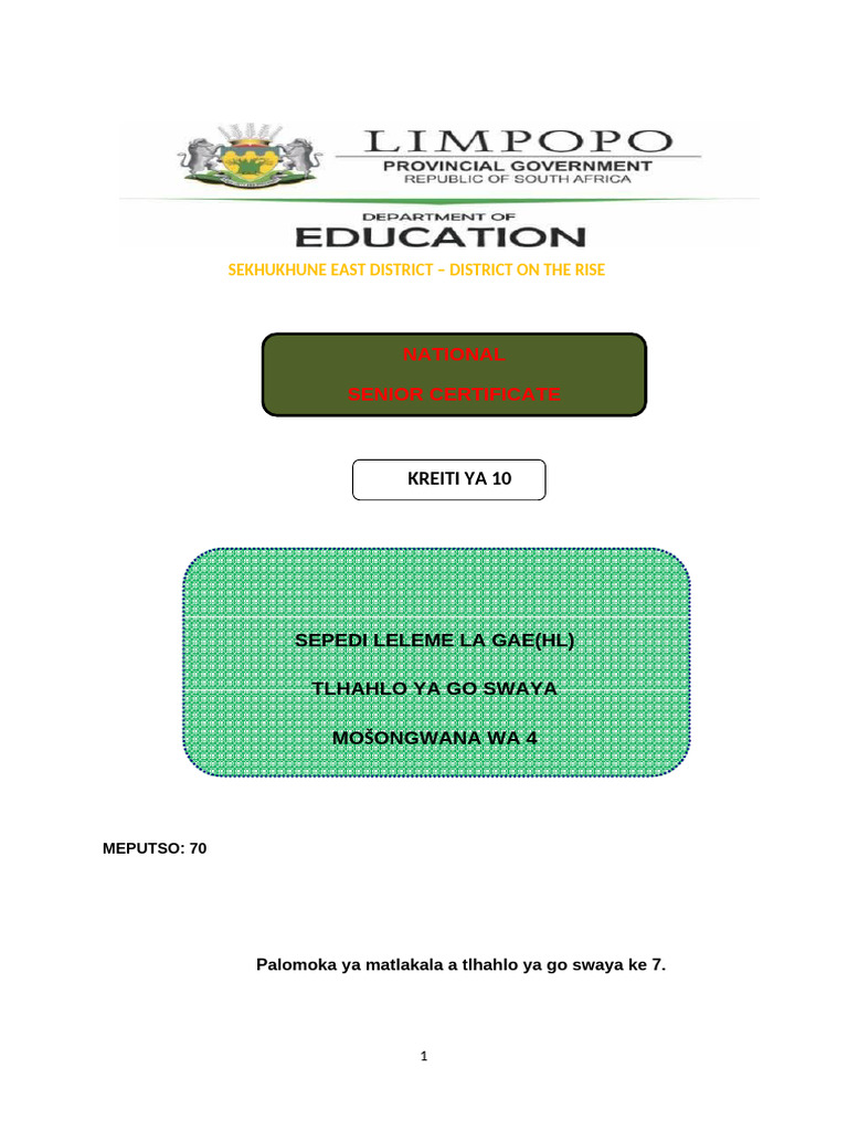 Sepedi HL P1 GR 10 Memo For Task 4 of 2025 | PDF