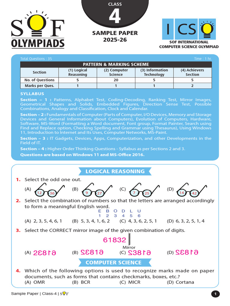 Icso Sample Paper Class-4 2025-26 | PDF | Printer (Computing) | Computing