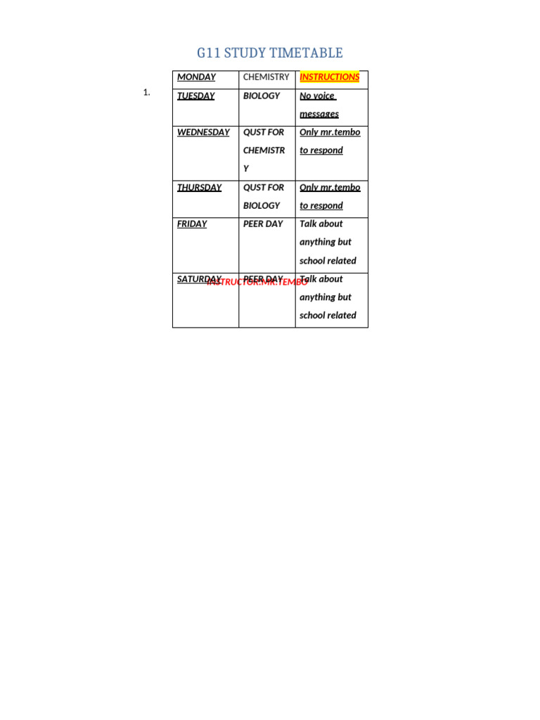 g11 Study Timetable | PDF