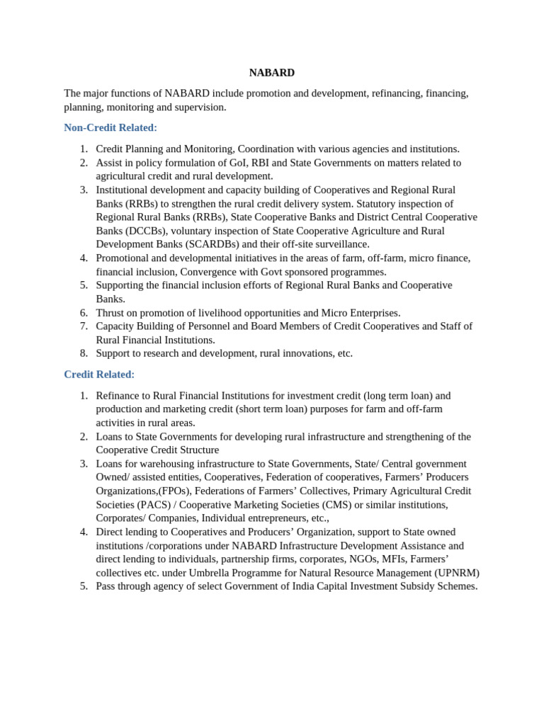 Banking - NABARD - Functions and Objectives | PDF | Economies
