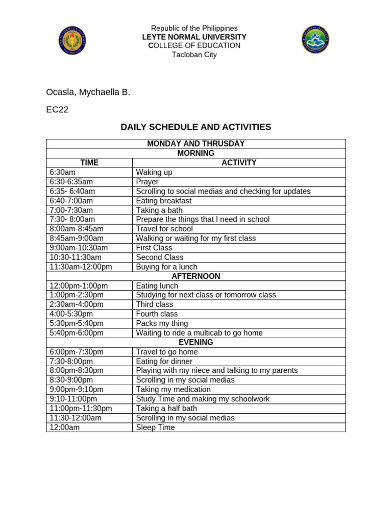 Daily Schedule | PDF | Lunch | Meal