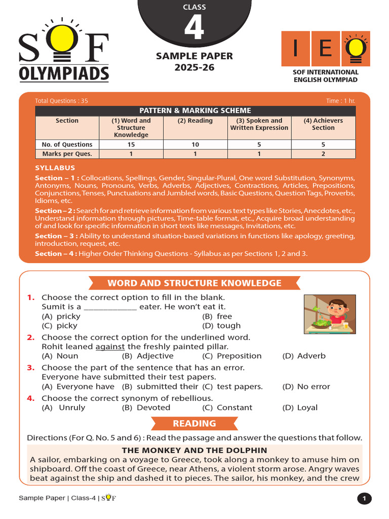 Ieo Sample Paper Class-4 2025-26 | PDF | Adverb | Word