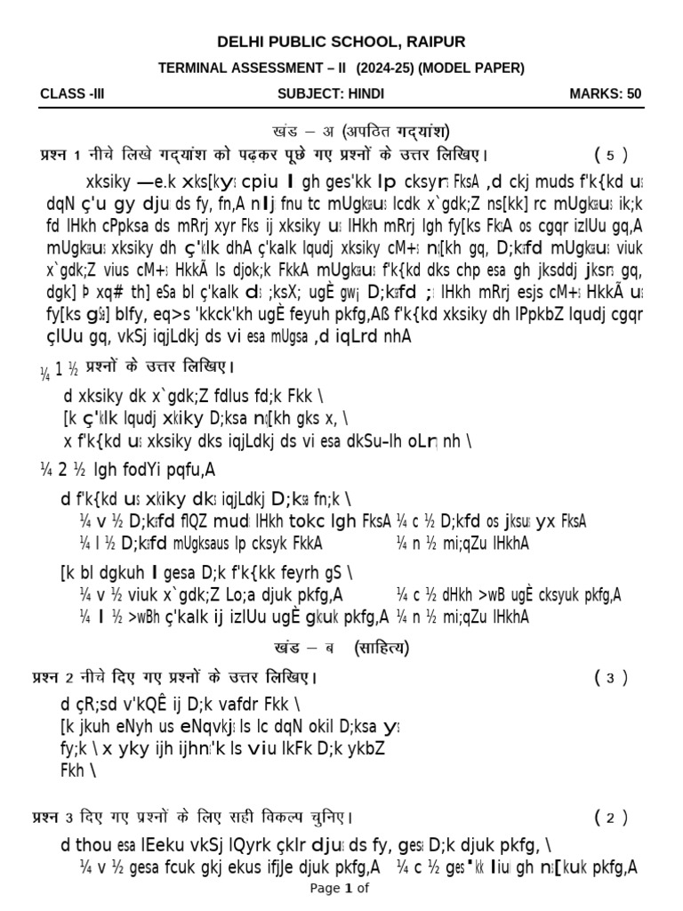 Hindi - 3 Model Paper 2024-25 | PDF