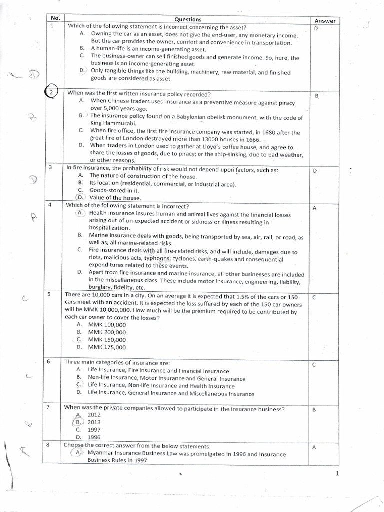 Insurance Concepts and Principles Quiz | PDF | Insurance | Financial Risk