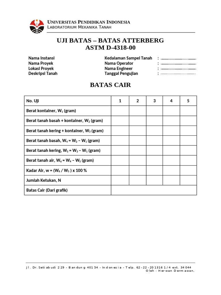 Uji Batas Atterberg Tanah ASTM D-4318 | PDF