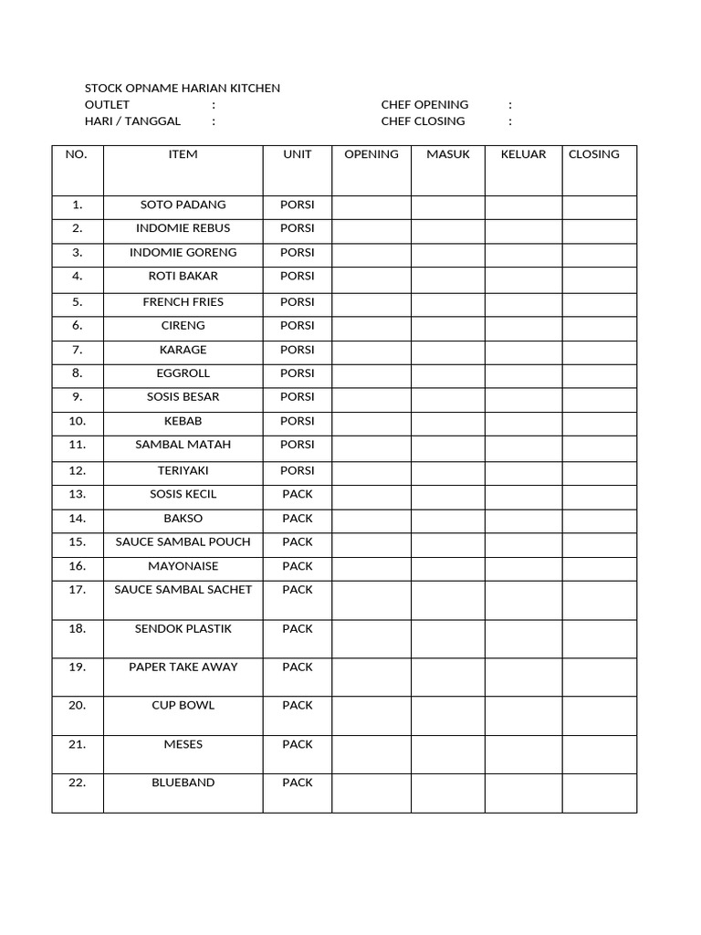 STOCK OPNAME HARIAN KITCHEN | PDF