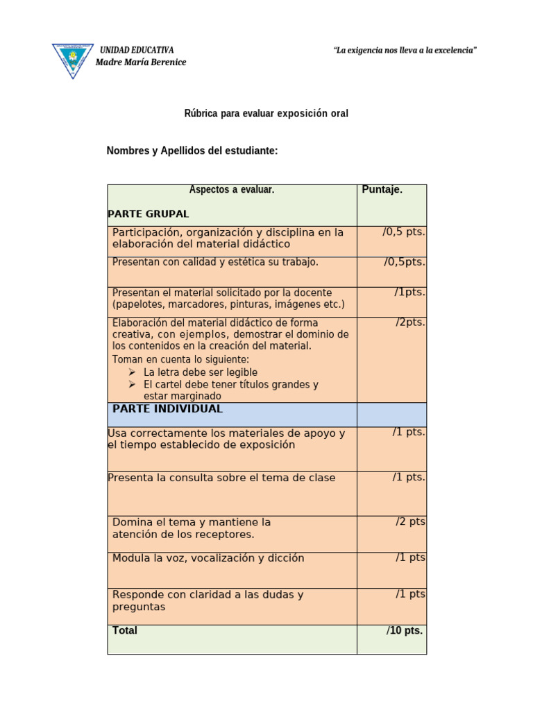 Rubrica de Evaluación Exposición Segundo Bgu | PDF