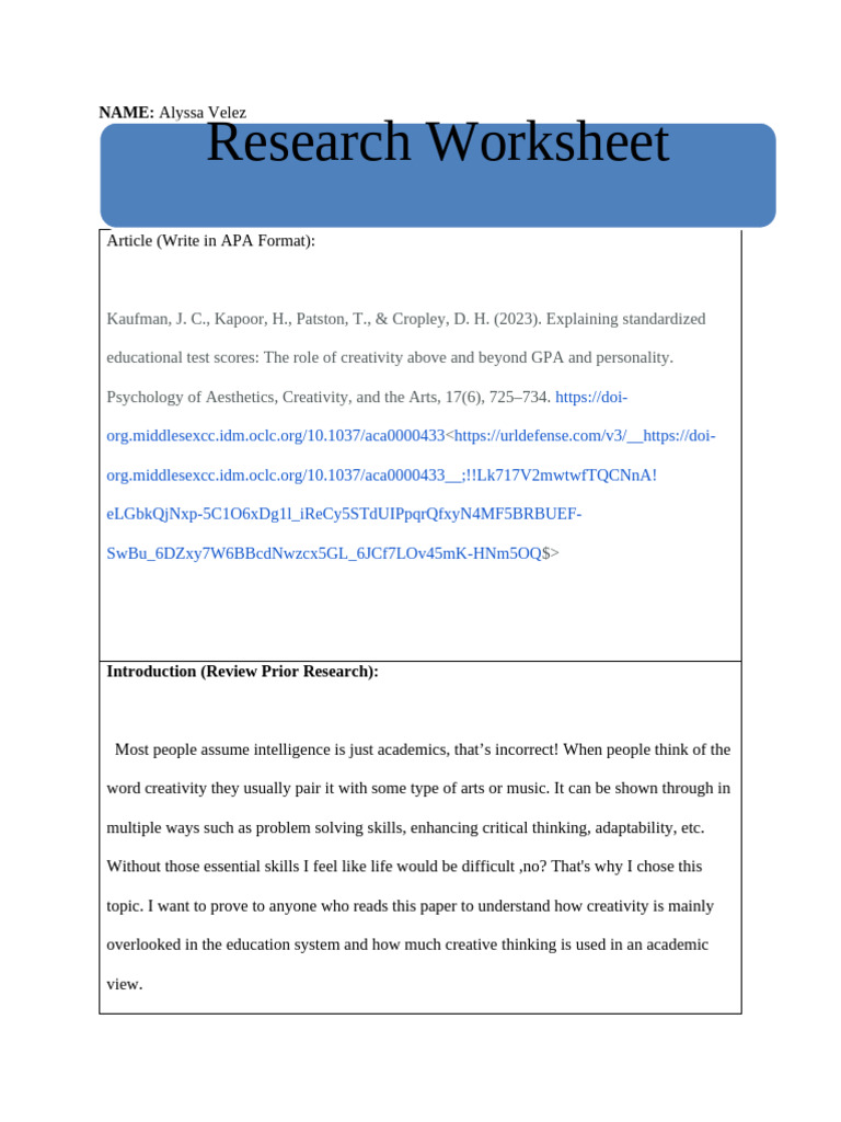 EXAMPLE Resarch Worksheet | PDF | Creativity | Teaching Mathematics