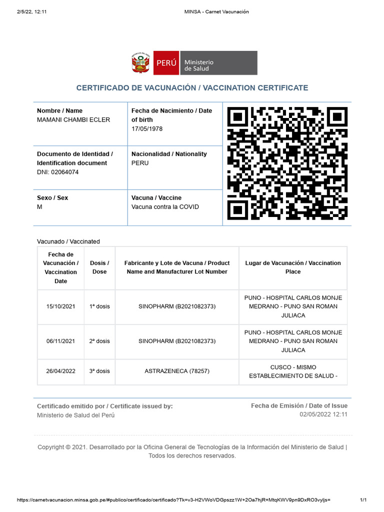 MINSA - Carnet Vacunación EMCH | PDF | Drogas | Pediatría
