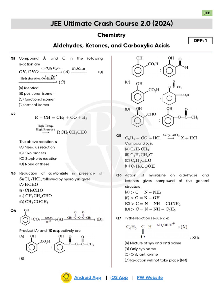 Aldehydes Ketones and Carboxylic Acids DPP 01 JEE Ultimate Crash Course ...